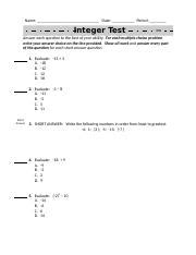 Integer TEST Docx Name Date Period Integer Test Answer Each Question To The Best Of Your