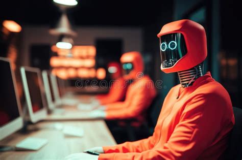 Futuristic Robots In Red Suits Working At Computers In Modern Office Stock Image Image Of