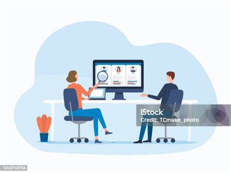 비즈니스 피플 팀 미팅 및 연구 재개 프로필 면접 및 채용 플랫 벡터 일러스트레이션 만화 캐릭터 디자인 컨셉 취업 면접에 대한 스톡 벡터 아트 및 기타 이미지 Istock