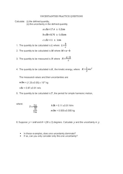 Uncertainties Questions UNCERTAINTIES PRACTICE QUESTIONS Calculate I The Defined Quantity