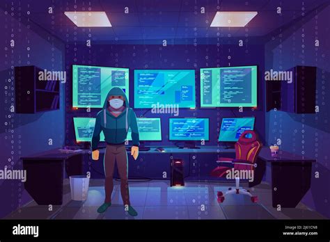 Hacker Anonymous In Mask In Server Room With Multiple Computer Monitors