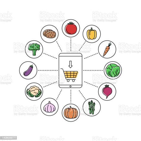 야채와 온라인 상점 태블릿에서 응용 프로그램을 통한 쇼핑 벡터 일러스트 레이 션 쇼핑 카트에 대한 스톡 벡터 아트 및 기타 이미지 쇼핑 카트 슈퍼마켓 식료품 Istock