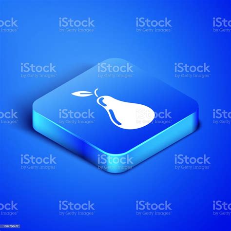 파란색 배경에 격리된 등각칭 배 아이콘입니다 잎 기호와 과일입니다 파란색 사각형 버튼입니다 벡터 일러스트레이션 개념에 대한 스톡