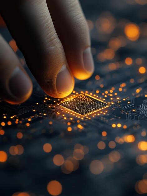 A Hand Touching A Glowing Microchip On A Circuit Board Symbolizing Technology And Innovation