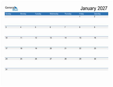 Printable Monthly Calendar January 2027 Free Printables Templates