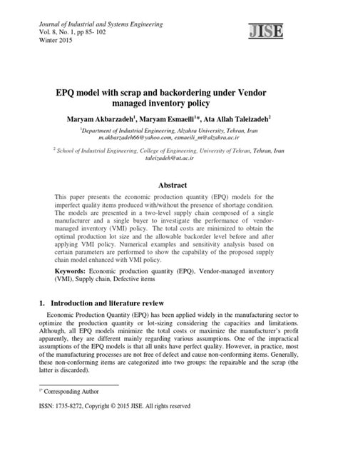 Epq Model With Scrap And Backordering Under Vendor Managed Inventory Policy Download Free Pdf
