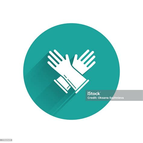 긴 그림자로 격리 된 흰색 고무 장갑 아이콘입니다 라텍스 손 보호 기호입니다 집안일 청소 장비 기호입니다 녹색 원 버튼입니다 벡터 일러스트레이션 가사 집안일에 대한 스톡