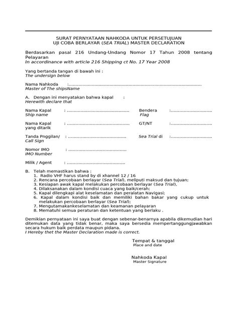 Surat Pernyataan Nahkoda Master Declaration Sea Trial Pdf
