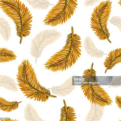 수채화 패턴 황금 깃털 새가 흰색 배경에 당신의 고급 디자인을위한 원활한 손으로 그려진 고딕 양식에 대한 스톡 벡터 아트 및 기타 이미지 고딕 양식 공예 공작 깃털