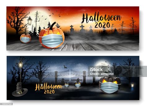 휴일 할로윈 배너 는 의료 얼굴 마스크와 박쥐 죽은 나무와 큰 달의 실루엣을 입고 호박과 함께 배너 코비드19의 할로윈 축제 코로나바이러스 개념 벡터 10월에 대한 스톡