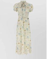 Miu Miu Silk Dress With Floral Pattern And Tie Waist In Natural Lyst