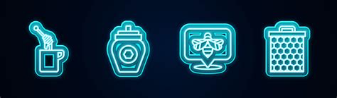 꿀 항아리 꿀벌 벌집세트 라인 꿀 디퍼 스틱 빛나는 네온 아이콘 벡터 곤충에 대한 스톡 벡터 아트 및 기타 이미지 곤충 국자 끈적거리는 Istock