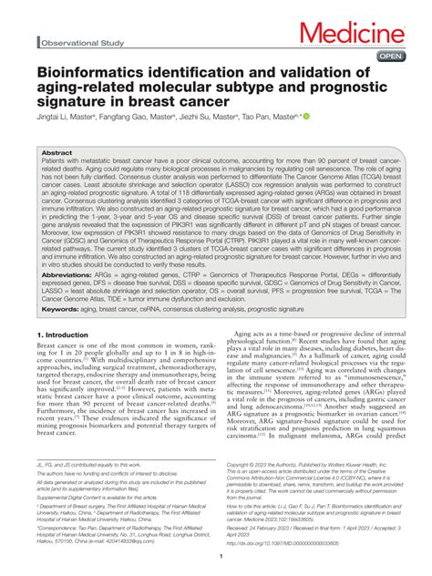 Pdf Bioinformatics Identification And Validation Of Aging‑related