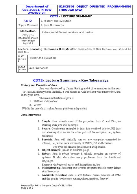 Oopj 6 Notes For Java Department Of Cse3cse1 Kitsw Ay2022
