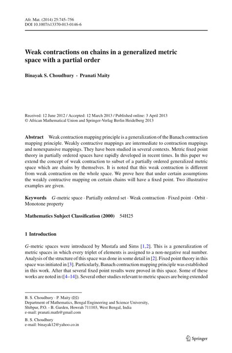 Pdf Weak Contractions On Chains In A Generalized Metric Space With A Partial Order