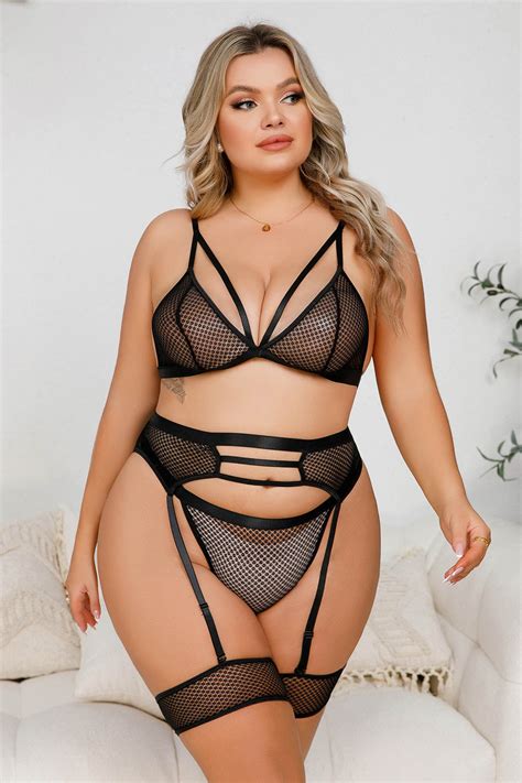 Plus Size Stunning Strappy Bra Set Plus Size Black Bra Set