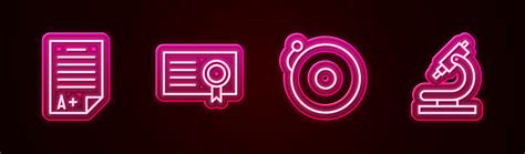 A 플러스 등급 인증서 템플릿 울리는 알람 벨 및 현미경으로 라인 시험 시트를 설정하십시오 빛나는 네온 아이콘입니다 벡터 과학에 대한 스톡 벡터 아트 및 기타 이미지