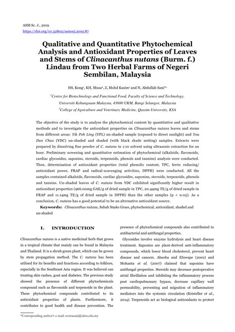 Pdf Qualitative And Quantitative Phytochemical Analysis And Antioxidant Properties Of Leaves