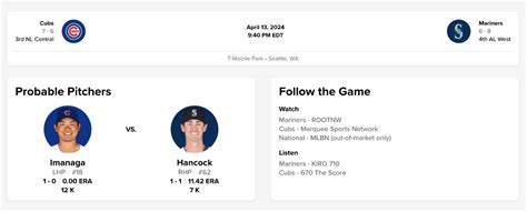 Cubs Imanaga Vs Mariners Hancock 41324 840pm Fred Hornkohl