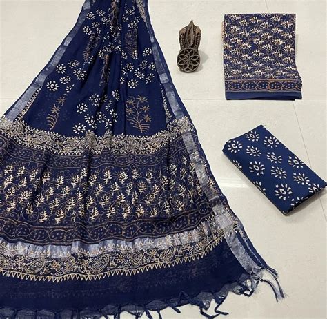 Natural Hand Block Printed Cotton Suit Set With Pure Cotton Linen