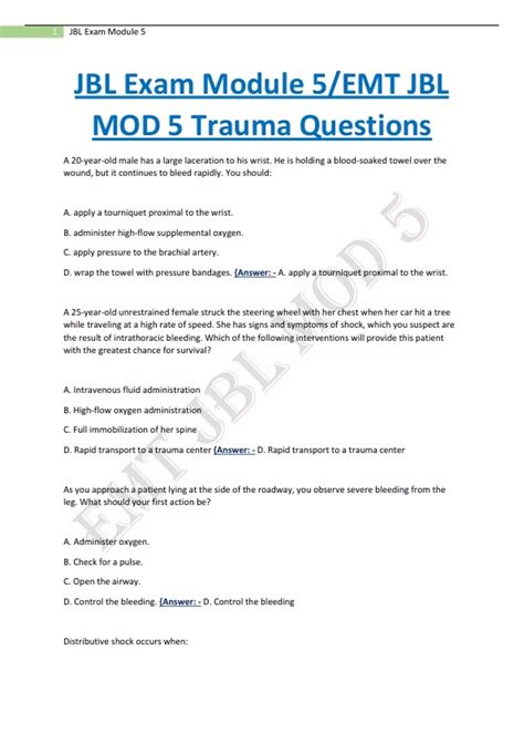 JBL Exam Module EMT JBL MOD Trauma Questions And Answers Guarantee A Score