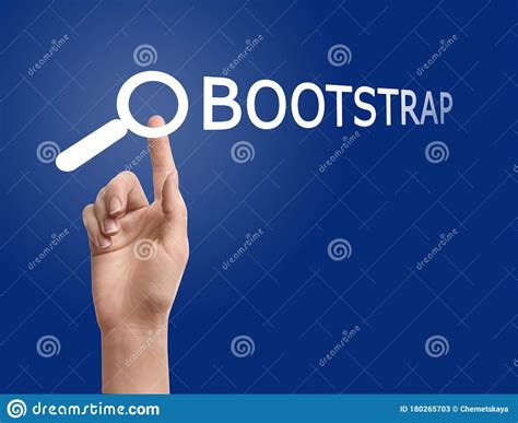Woman Touching Virtual Screen With Word Bootstrap In Search Bar On Blue Background Stock Image