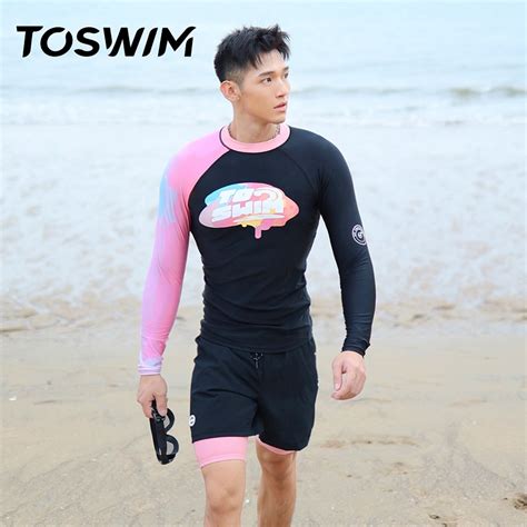 Toswim男士泳衣长袖游泳衣及膝泳裤防尴尬防晒速干沙滩裤冲浪服男 虎窝淘