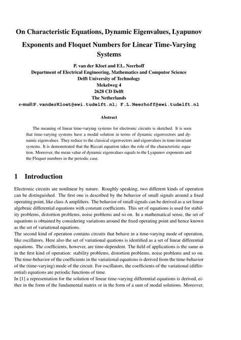 Pdf On Characteristic Equations Dynamic Eigenvalues Lyapunov Exponents And Floquet Numbers