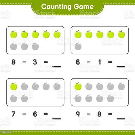게임을 계산 애플의 수를 계산하고 결과를 작성합니다 교육 어린이 게임 인쇄 워크 시트 벡터 일러스트레이션 0명에 대한 스톡 벡터