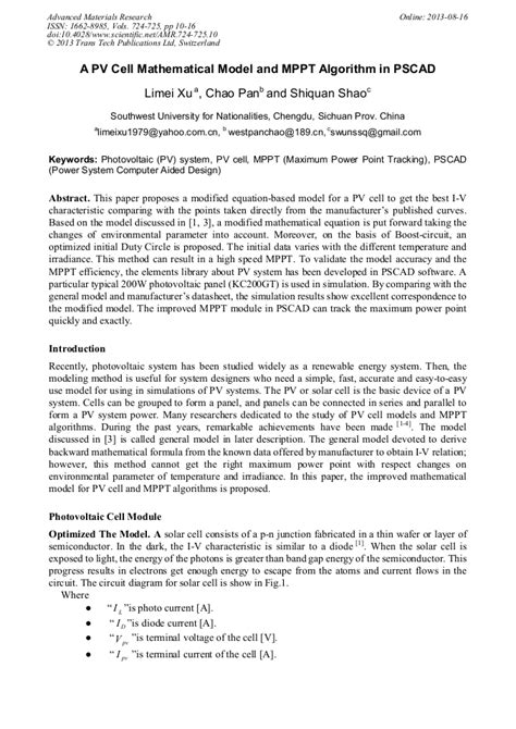 A Pv Cell Mathematical Model And Mppt Algorithm In Pscad Scientificnet