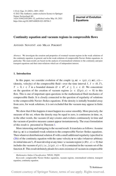 Continuity Equation And Vacuum Regions In Compressible Flows Request Pdf