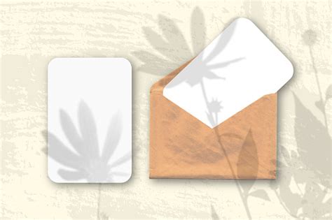 테이블의 노란색 배경에 텍스처 백서 2장이 있는 봉투입니다 식물 그림자가 있는 모형 오버레이 예루살렘 아티초크 꽃에서 자연 채광이 그림자를 드리워집니다 0명에 대한 스톡