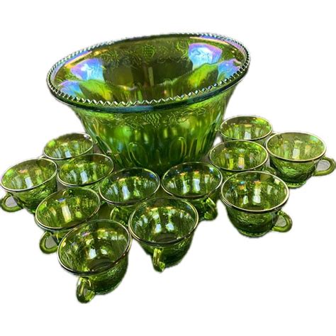 1970s Vintage Green Carnival Glass Punch Bowl Set With 12 Cups Chairish