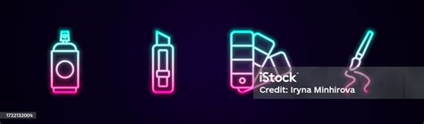 세트 라인 페인트 스프레이 캔 문구 나이프 컬러 팔레트 가이드 및 브러시 빛나는 네온 아이콘입니다 벡터 강철에 대한 스톡 벡터 아트 및 기타 이미지 Istock
