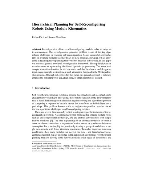 Pdf Hierarchical Planning For Self Reconfiguring Robots Using Module Kinematics