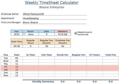 Excel Timesheet Calculator Template Free Download