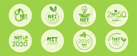 넷 제로 및 탄소 중립 개념 8 개의 둥근 접착 스티커 탄소 배출 감소 아이콘 지속 가능한 녹색 에너지 Esg 및 Co2 중립