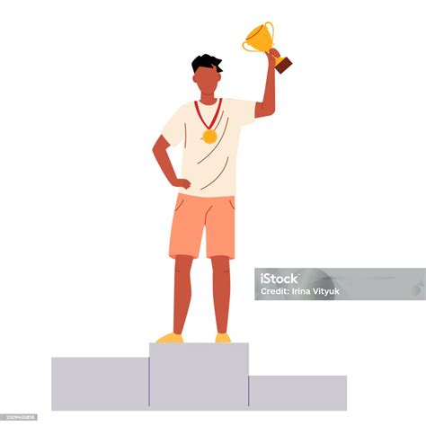 남자의 벡터 일러스트 레이 션은 상 수상자 연단에 서서 우승자 컵을 들고 있습니다 Championship에 대한 스톡 벡터 아트