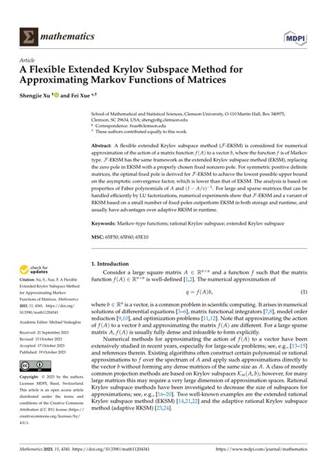 PDF A Flexible Extended Krylov Subspace Method For Approximating Markov Functions Of Matrices