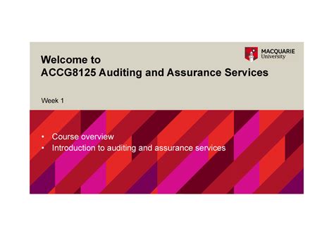Week 1 Introduction To AAA Welcome To ACCG8125 Auditing And Assurance