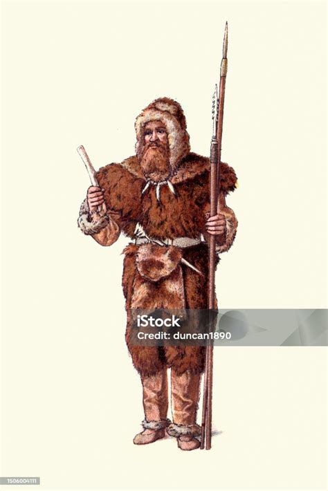 창으로 무장한 모피를 입은 고대 석기 시대 막달레나 남자의 의상 야만인 유럽 상부 구석기 시대 중석기 시대 사냥꾼에 대한 스톡 벡터 아트 및 기타 이미지 Istock