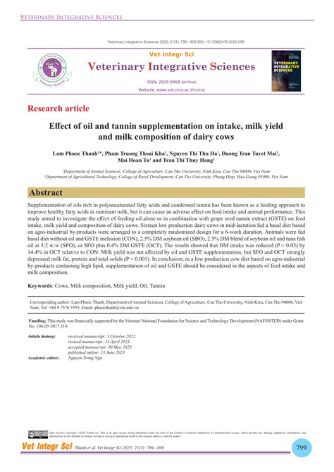 Pdf Effect Of Oil And Tannin Supplementation On Intake Milk Yield