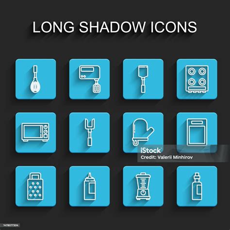 세트 라인 강판 소스 병 주방 거품기 믹서기 올리브 오일 한 병 바베큐 포크 도마 및 오븐 장갑 아이콘 벡터 가열장치에 대한 스톡 벡터 아트 및 기타 이미지 Istock