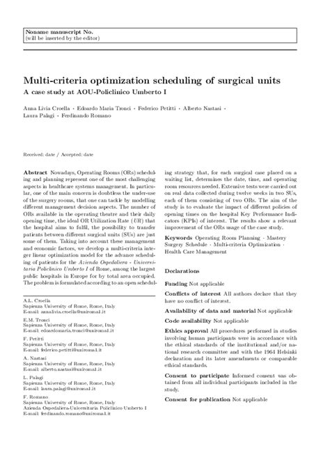 Pdf Multi Criteria Optimization Scheduling Of Surgical Units A Case
