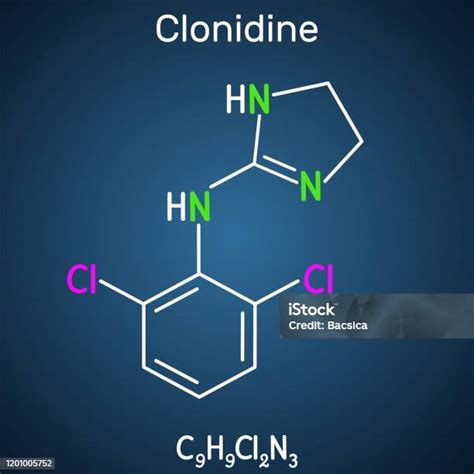 클로니딘 분자 그것은 고혈압의 치료에 유용 심한 통증 그리고 Adhd 진한 파란색 배경의 구조 화학 식 건강관리와 의술에 대한 스톡 벡터 아트 및 기타 이미지 Istock