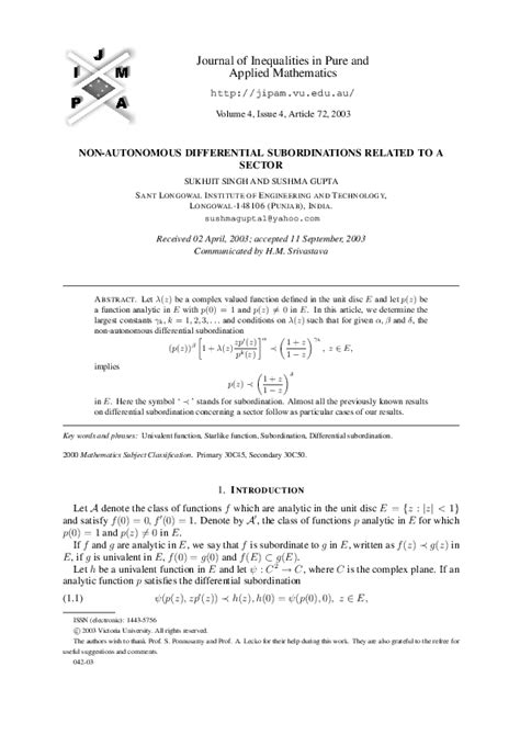 Pdf Non Autonomous Differential Subordinations Related To A Sector