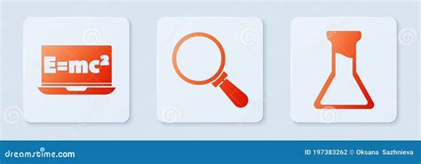 Set Magnifying Glass Equation Solution And Test Tube And Flask White Square Button Stock