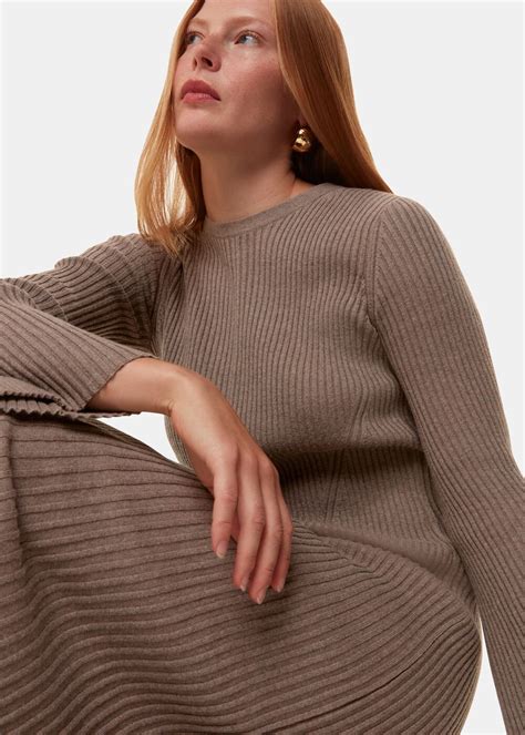 Womens Taupe Fit And Flare Ribbed Knit Dress Whistles Uk