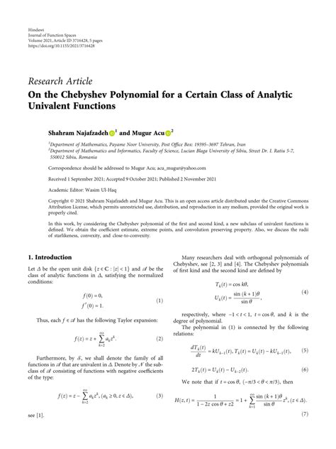 Pdf On The Chebyshev Polynomial For A Certain Class Of Analytic