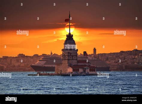 Fiery Sunset Over Bosphorus With Famous Maidens Tower Kiz Kulesi